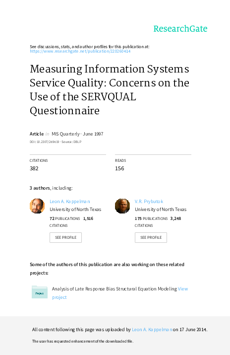 (PDF) Measuring information systems service quality: concerns on the ...