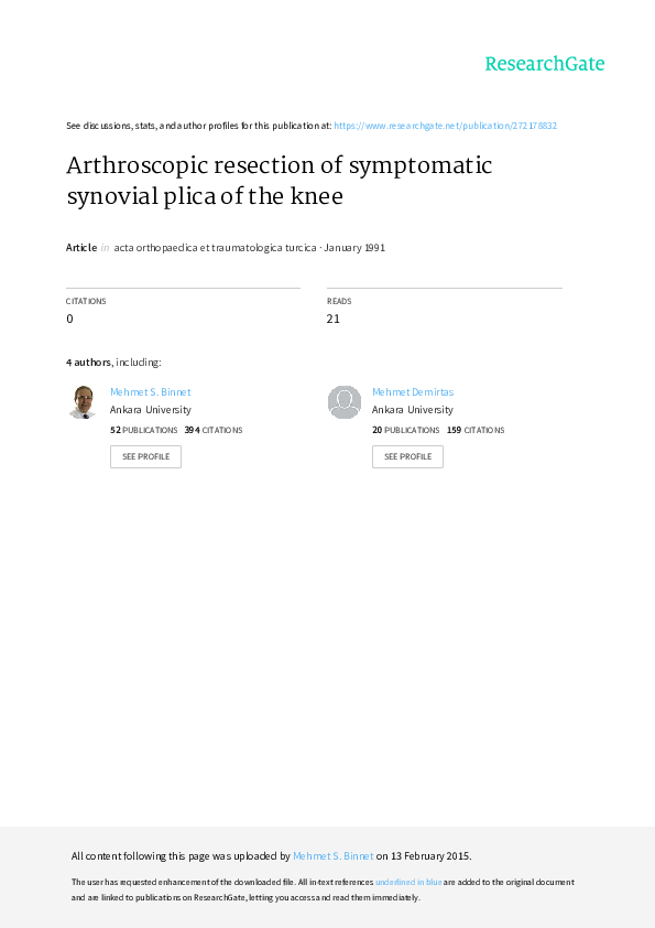 (PDF) Arthroscopic resection of symptomatic synovial plica of the knee