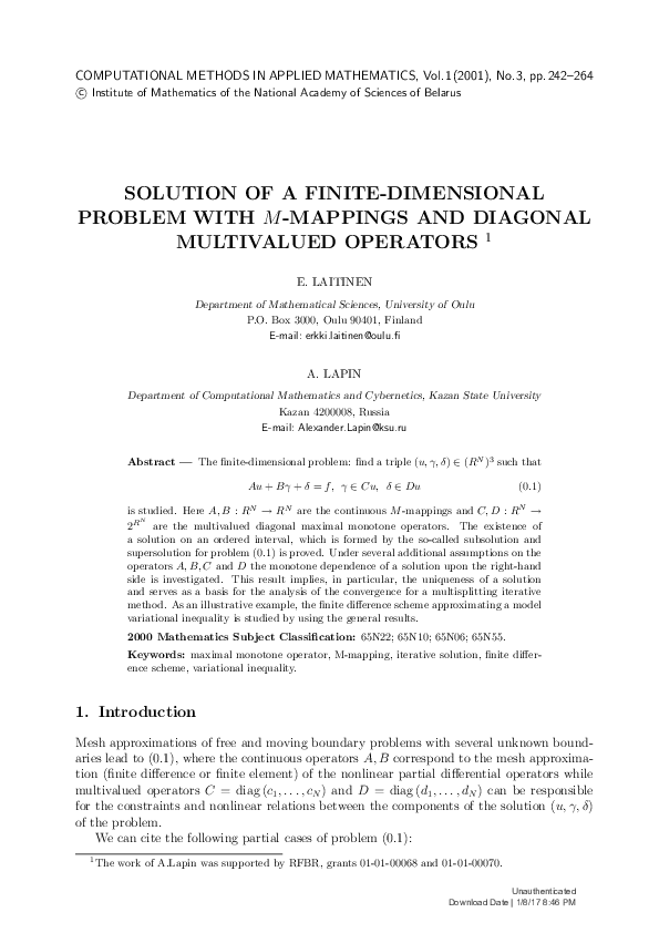(PDF) Solution of a Finite-Dimensional Problem With M-mappings and Diagonal Multivalued Operators