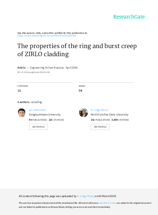 (PDF) The properties of the ring and burst creep of ZIRLO cladding