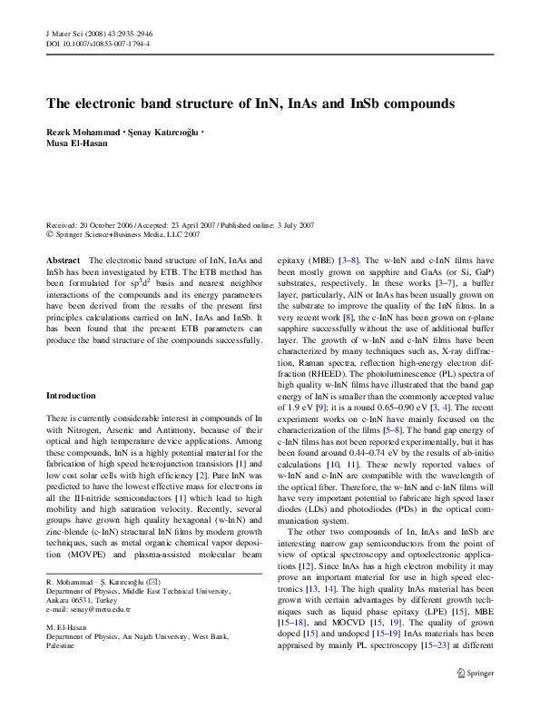 (PDF) The electronic band structure of InN, InAs and InSb compounds