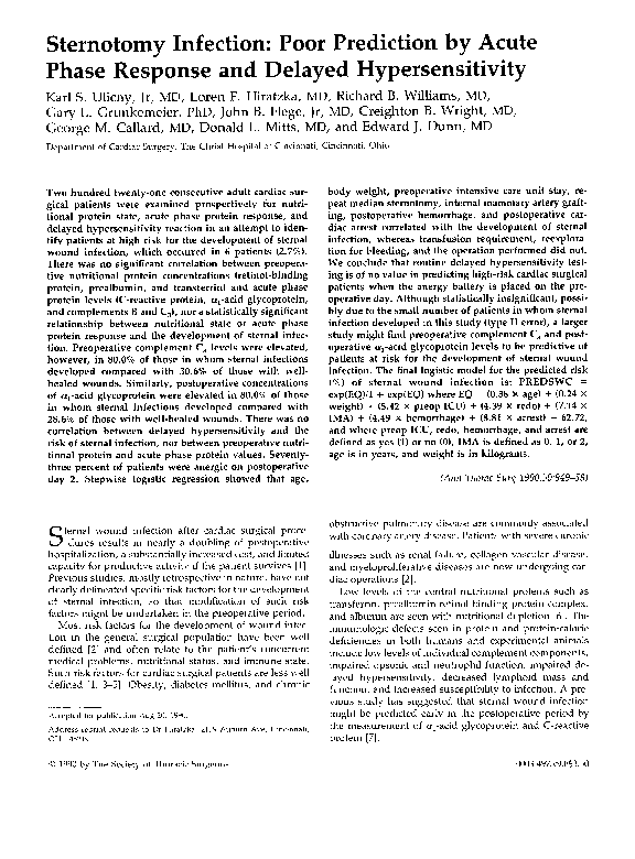 (PDF) Sternotomy infection: Poor prediction by acute phase response and ...