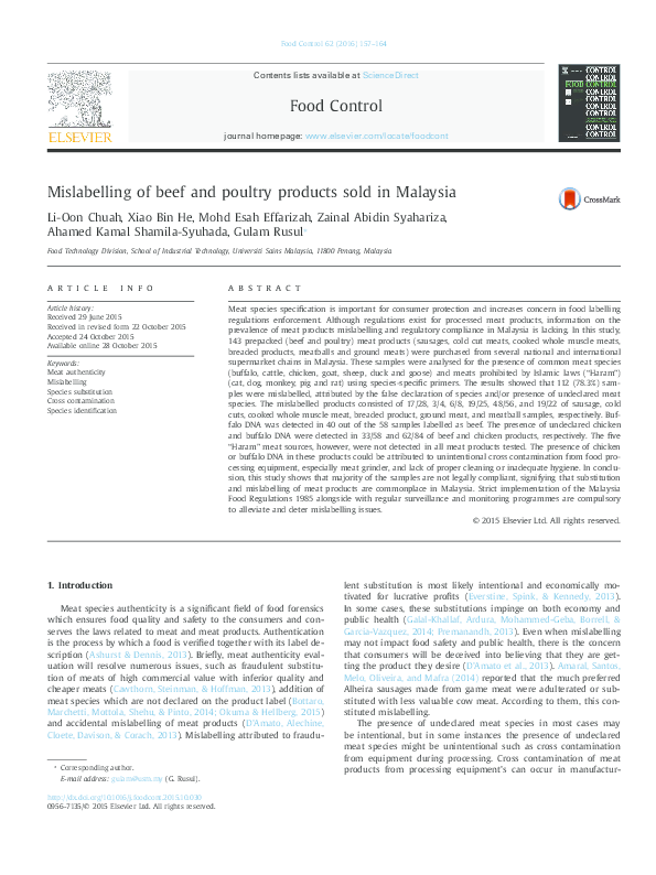 (PDF) Mislabelling of beef and poultry products sold in Malaysia