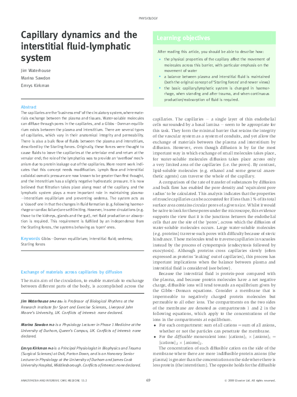(PDF) Capillary dynamics and interstitial fluid lymphatic system