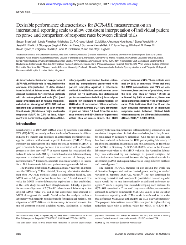 Desirable performance characteristics for BCR-ABL measurement on an ...