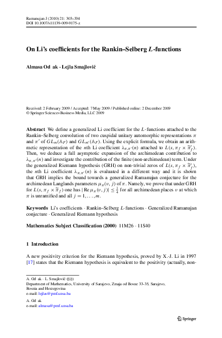 Pdf On Lis Coefficients For The Rankin Selberg L Functions