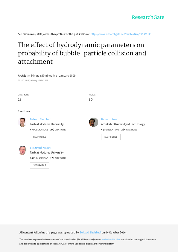 (PDF) The effect of hydrodynamic parameters on probability of bubble-particle collision and ...