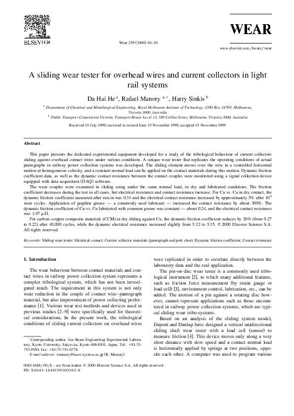 (PDF) A sliding wear tester for overhead wires and current collectors ...