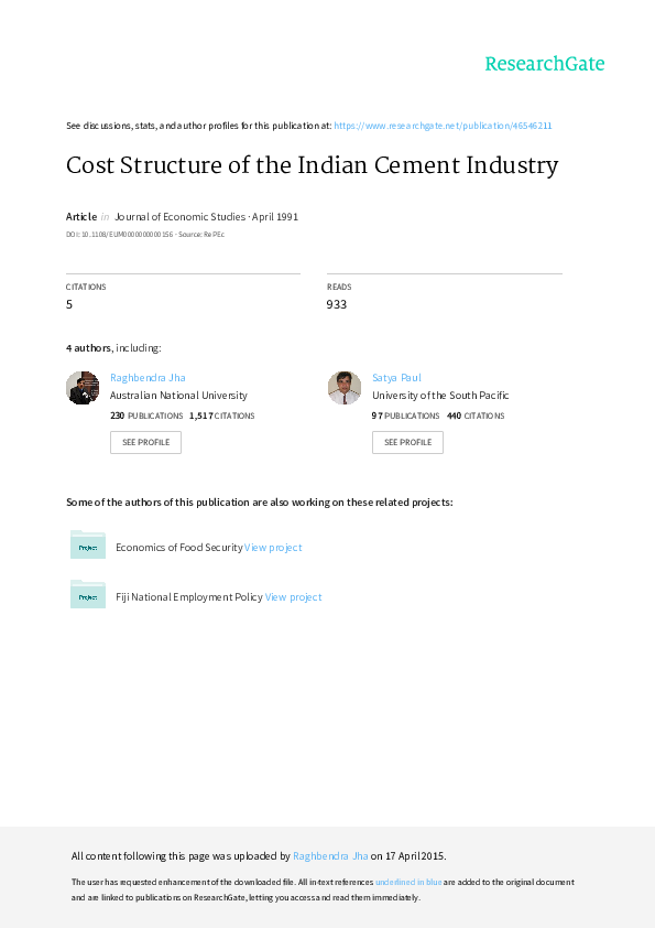 (PDF) Cost Structure of the Indian Cement Industry