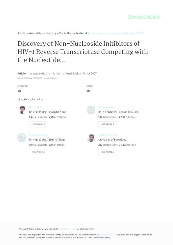 (PDF) Discovery of Non‐Nucleoside Inhibitors of HIV‐1 Reverse ...