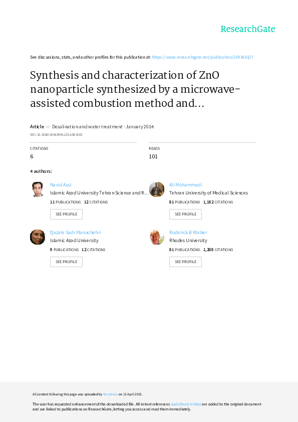 (PDF) Synthesis and characterization of ZnO nanoparticles prepared in gelatin media