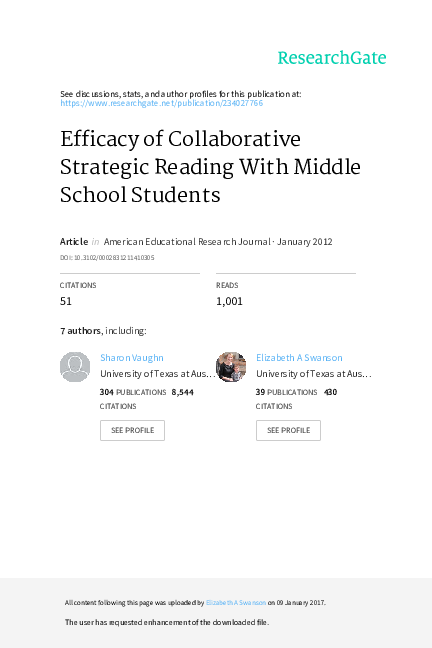 (PDF) Efficacy of Collaborative Strategic Reading With Middle School ...