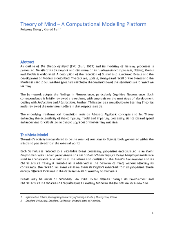 (PDF) Theory of Mind – A Computational Modelling Platform