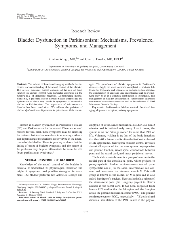 (PDF) Bladder Dysfunction In Parkinsonism: Mechanisms, Prevalence, Symptoms, and Management