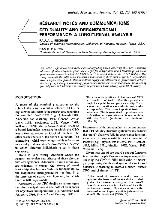 (PDF) CEO duality and organizational performance: A longitudinal analysis (PDF) CEO duality and organizational performance: A longitudinal analysis