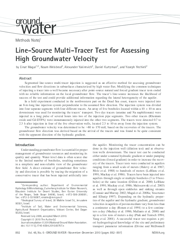 (PDF) Line‐Source Multi‐Tracer Test for Assessing High Groundwater Velocity