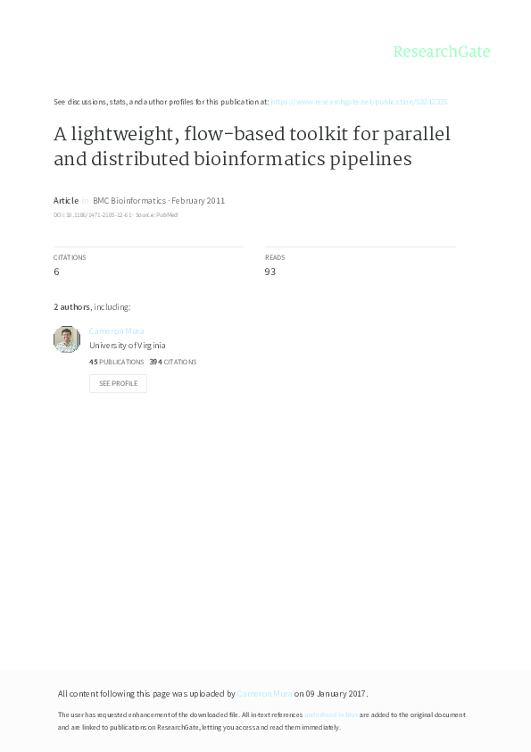 (PDF) A lightweight, flow-based toolkit for parallel and distributed bioinformatics pipelines