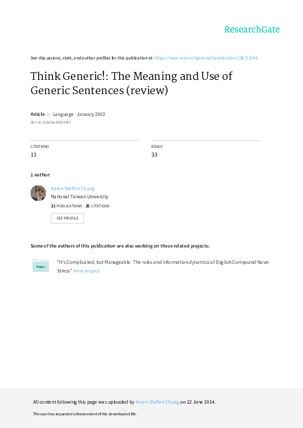 (PDF) Think Generic!: The Meaning and Use of Generic Sentences (review)