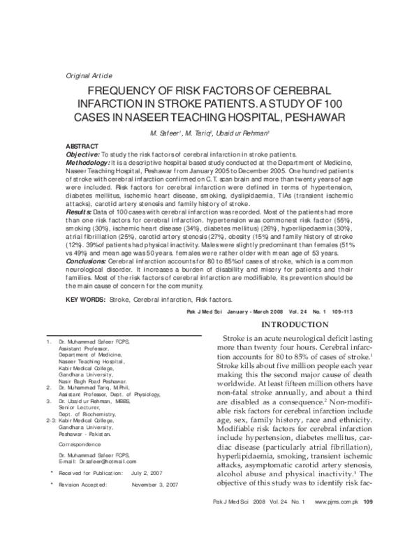 (PDF) Frequency of Risk Factors of Cerebral Infarction In Stroke ...