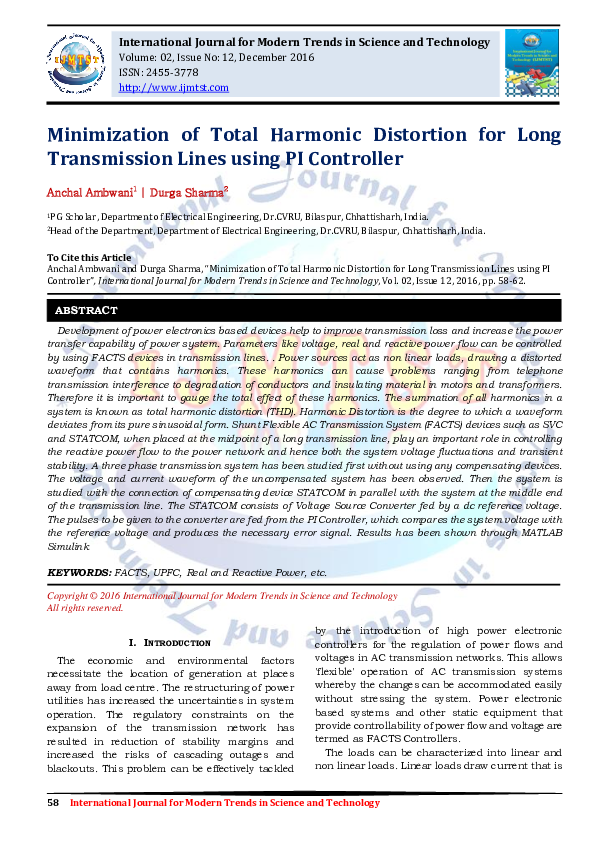 (PDF) Minimization of Total Harmonic Distortion for Long Transmission Lines using PI Controller
