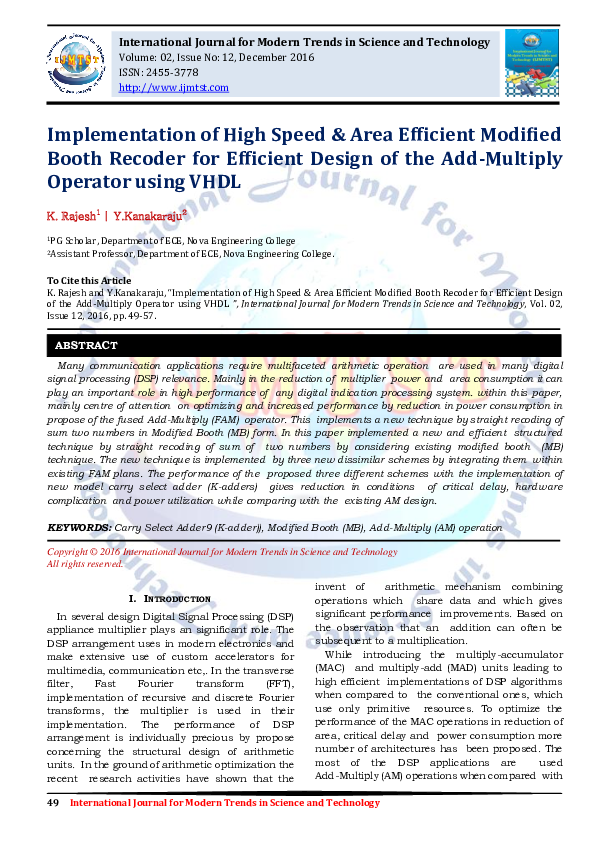 Implementation Of High Speed And Area Efficient Modified Booth Recoder For Efficient Design Of The