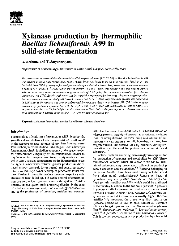 (PDF) Xylanase production by thermophilic Bacillus licheniformis A99 in solid-state fermentation