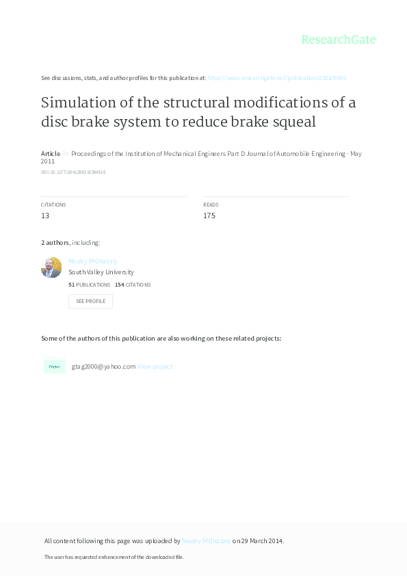 (PDF) Simulation of the structural modifications of a disc brake system to reduce brake squeal
