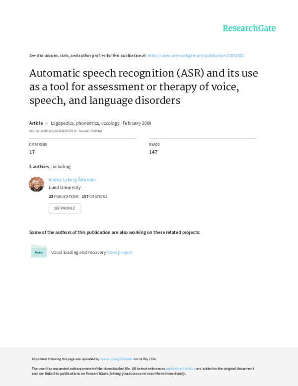 (PDF) Automatic speech recognition (ASR) and its use as a tool for assessment or therapy of ...