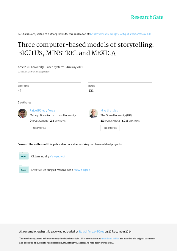 (PDF) Three computer-based models of storytelling: BRUTUS, MINSTREL and ...