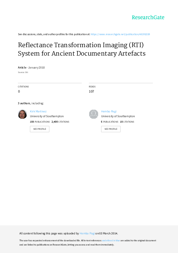 Pdf Reflectance Transformation Imaging Rti System For Ancient Documentary Artefacts