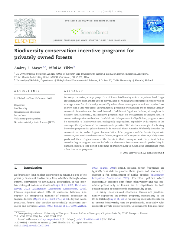 (PDF) Biodiversity conservation incentive programs for privately owned ...