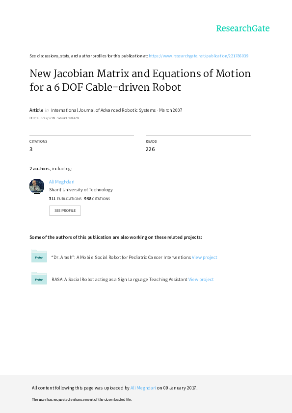 (PDF) New Jacobian matrix and equations of motion for a 6 dof cable ...