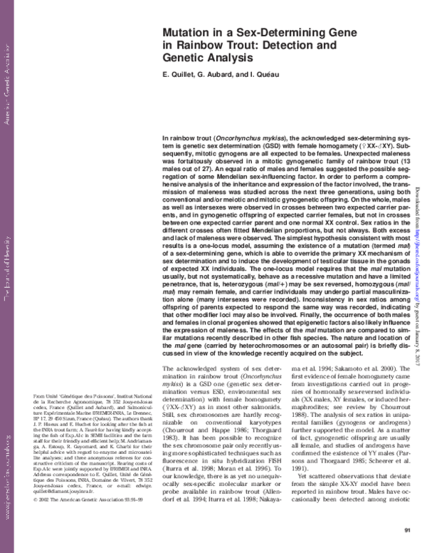 Pdf Mutation In A Sex Determining Gene In Rainbow Trout Detection And Genetic Analysis