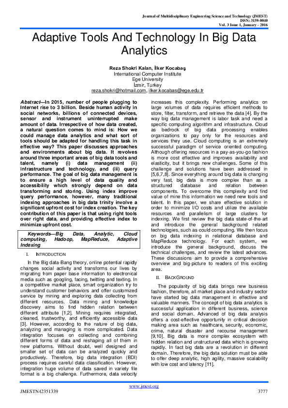 (PDF) Adaptive Tools And Technology In Big Data Analytics