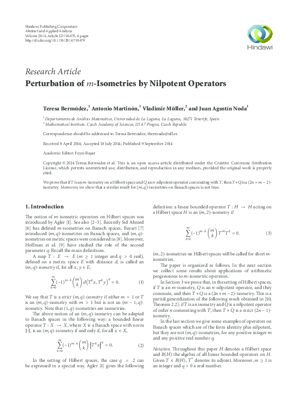 (PDF) Perturbation of m -Isometries by Nilpotent Operators
