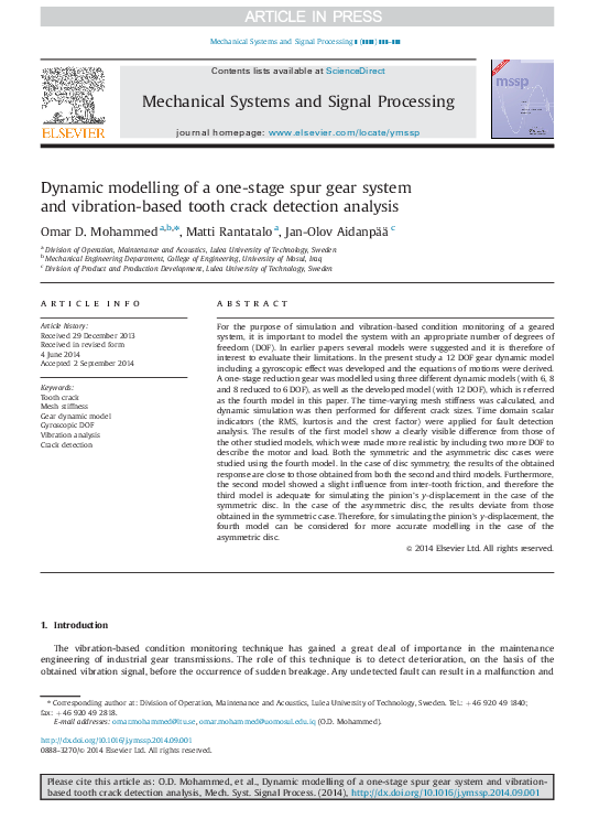 (PDF) Dynamic modelling of a one-stage spur gear system and vibration-based tooth crack ...