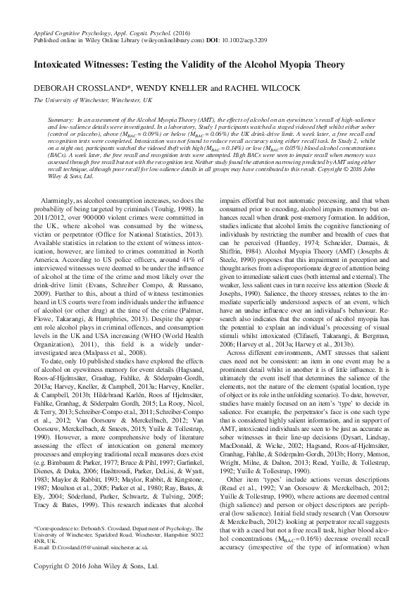 (PDF) Intoxicated Witnesses: Testing the Validity of the Alcohol Myopia ...