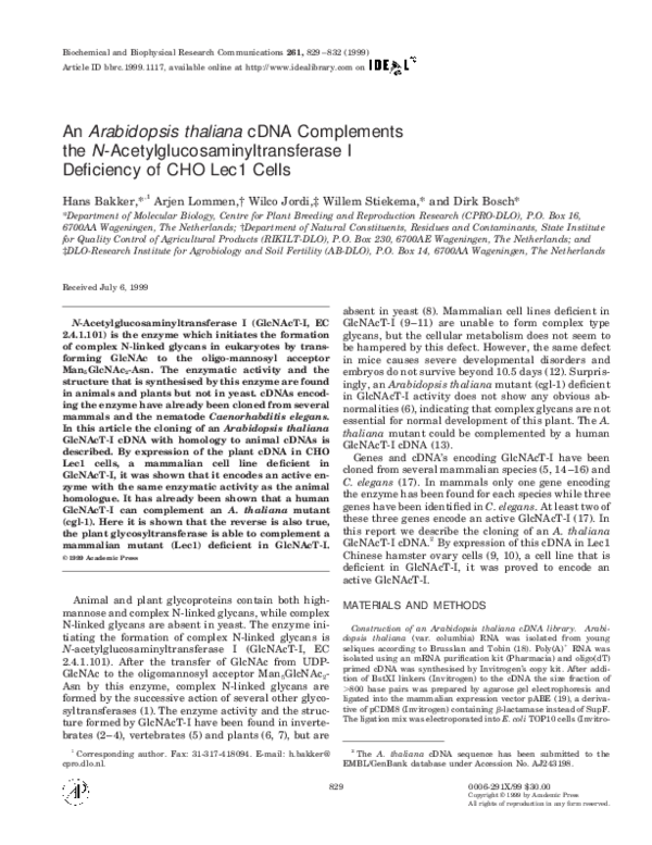 (PDF) An Arabidopsis Thaliana Cdna Complements the N-Acetylglucosaminyltransferase I Deficiency ...
