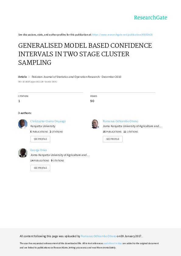 (PDF) Generalised Model Based Confidence Intervals in Two Stage Cluster Sampling