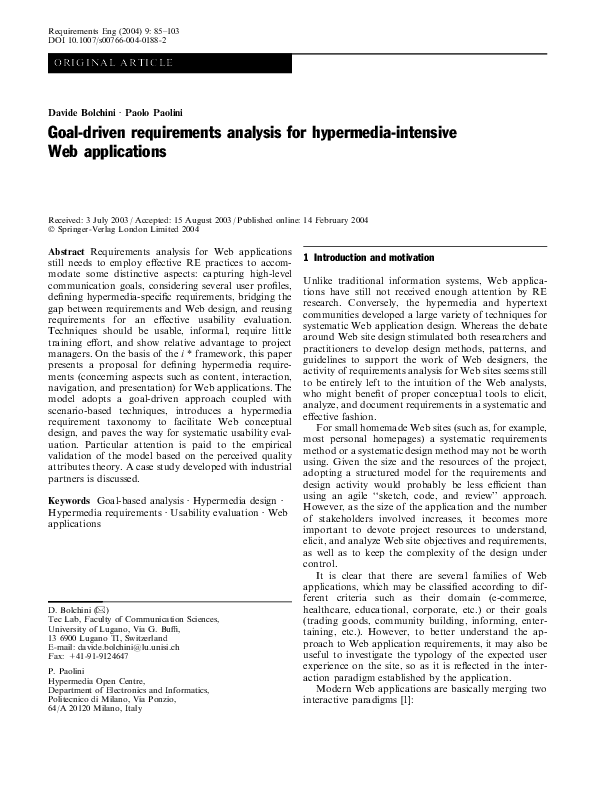 (PDF) Goal-driven requirements analysis for hypermedia-intensive Web applications