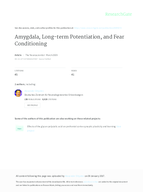 (PDF) Amygdala, long-term potentiation, and fear conditioning