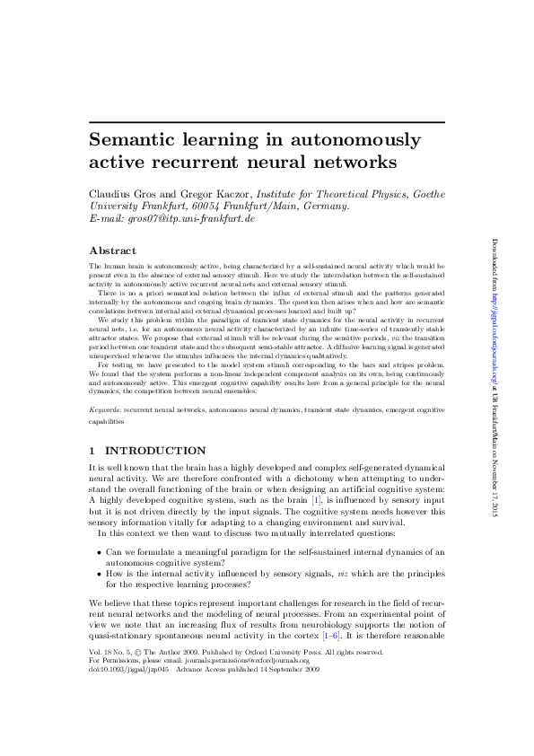 Pdf Semantic Learning In Autonomously Active Recurrent Neural Networks