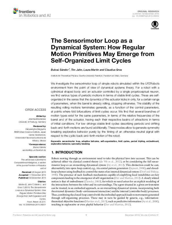 Pdf The Sensorimotor Loop As A Dynamical System How Regular Motion