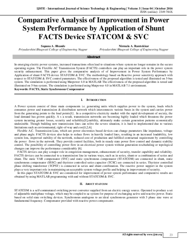 Pdf Comparative Analysis Of Improvement In Power System Performance By Application Of Shunt