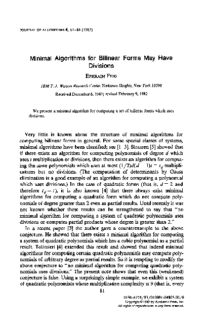 (PDF) Minimal algorithms for bilinear forms may have divisions