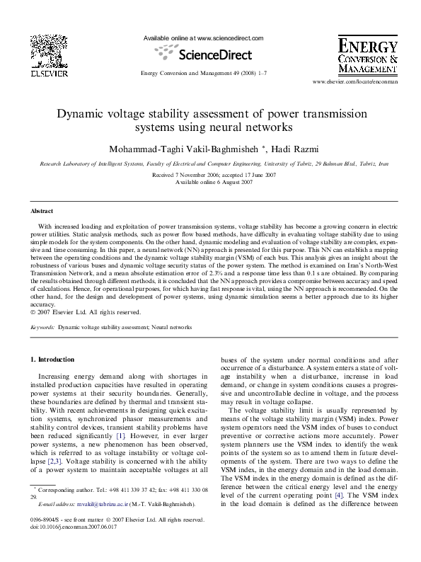 (PDF) Dynamic voltage stability assessment of power transmission systems using neural networks