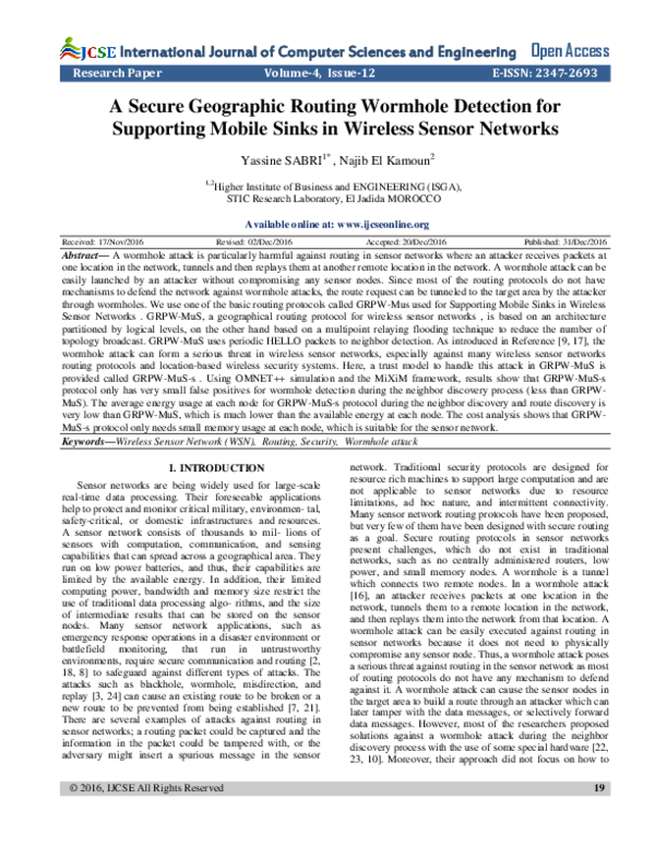 Pdf A Secure Geographic Routing Wormhole Detection For Supporting