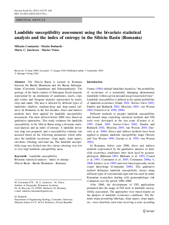 (PDF) Landslide susceptibility assessment using the bivariate statistical analysis and the index ...