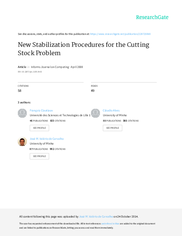 (PDF) New Stabilization Procedures for the Cutting Stock Problem