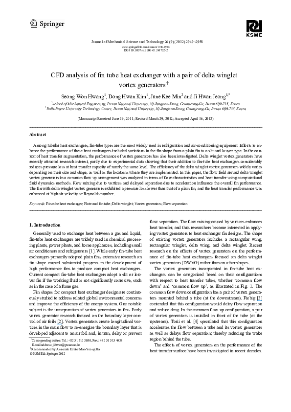 (PDF) CFD analysis of fin tube heat exchanger with a pair of delta ...